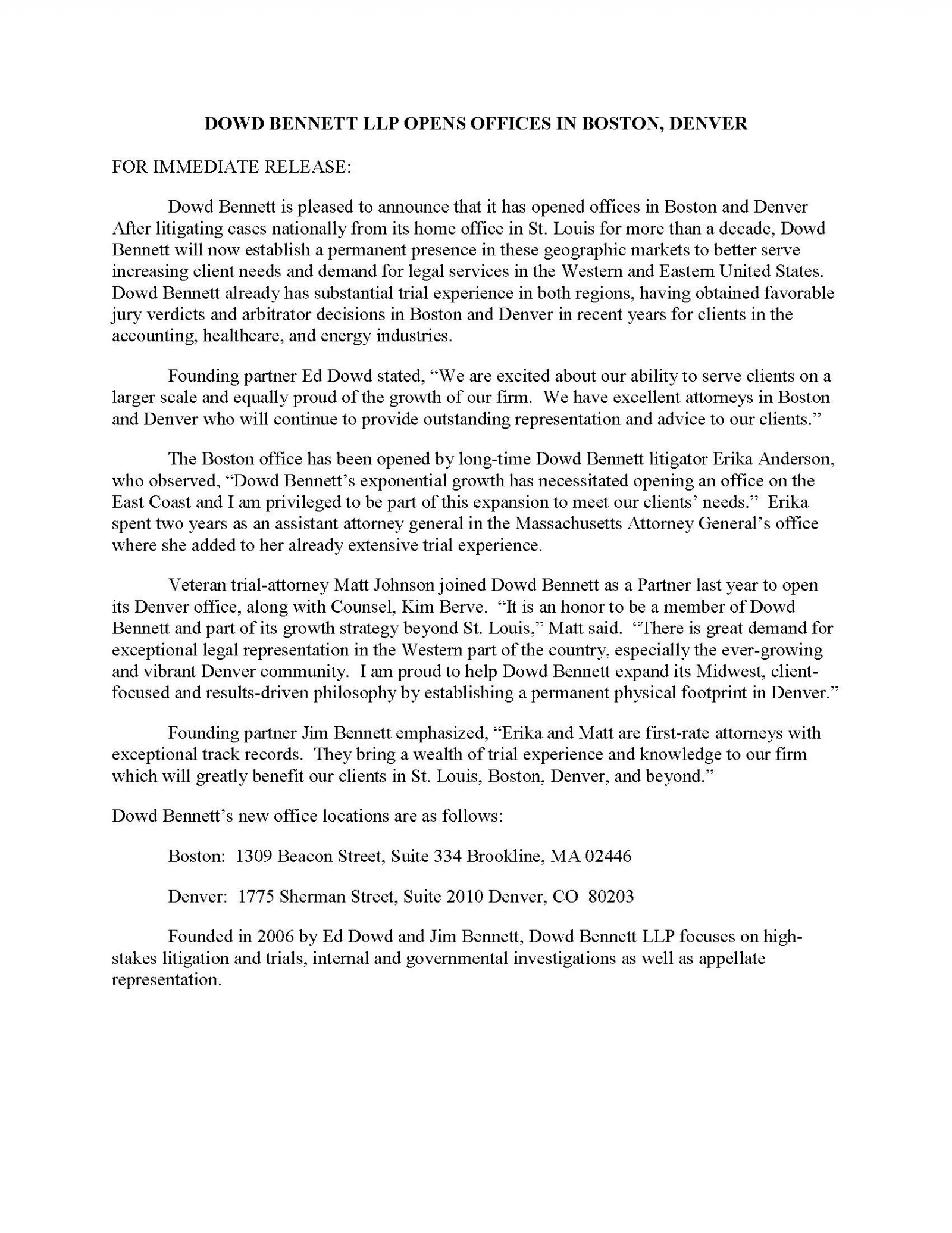 Dowd Bennett LLP Opens Offices in Boston and Denver - Dowd Bennett